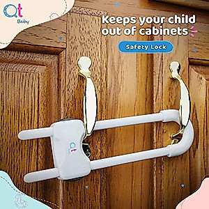 QT BABY Baby Proofing Cabinet Locks | Adjustable U Shaped Baby Safety Latches for Drawers, Fridge, Closet |Modern Baby Proofing Cabinet Lock with Extra Secure Lock Buttons (Pack of 8, White)