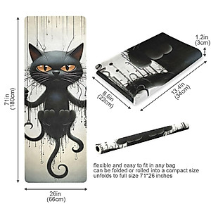 GOODOLD Funny Black Cat Yoga Mat, 71 x 26 Inch Non-slip Yoga Mats Folding Travel Exercise Mat Indoor Outdoor Gym Pilates with Storage Bag for Women Men