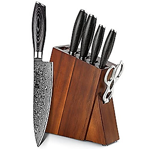 XINZUO 7PC Damascus steel Knife Block Sets, Professional High Carbon Steel Chef Knife Santoku Slicing Utility Fruit Knife with Multifunctional Kitchen Shears,Ergonomic Pakkawood Handle - Ya Series