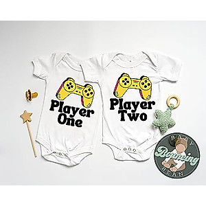 Player One Player Two gaming remote control themed baby boy and girl bodysuits matching twin sets (6-9 Month US)