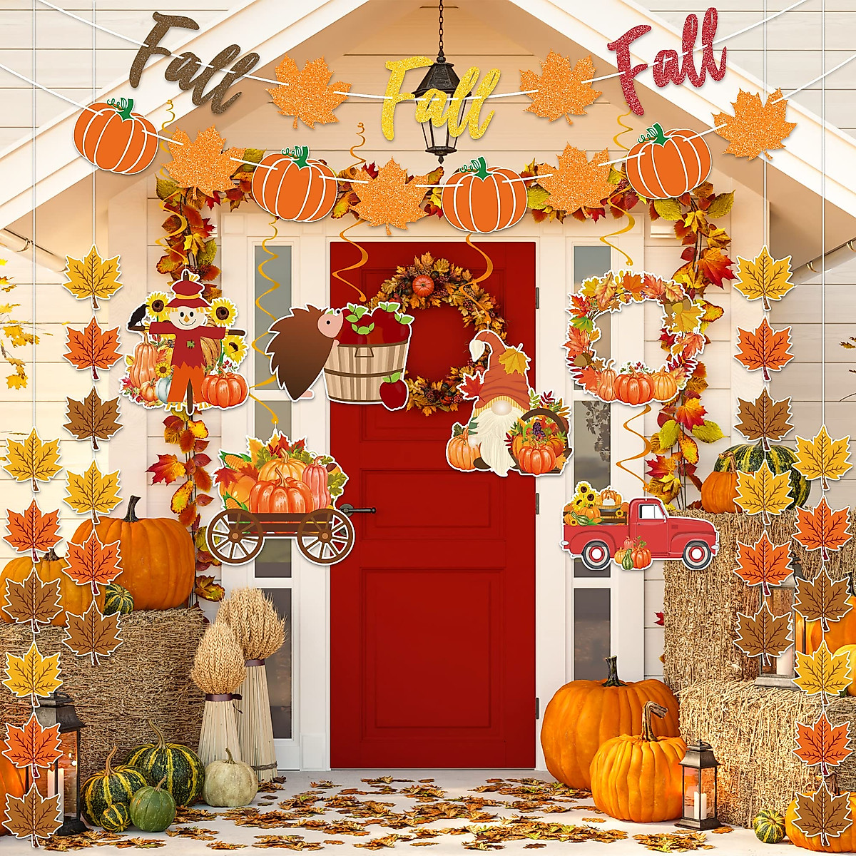 Fall Party Decorations Supplies - NO DIY- Fall Home Decor Set Include Glitter Fall Banner Pumpkin Maple Leaf Garland, 6pcs Hanging Swirls, 4Pcs Maple Leaves Garland Strings for Fall Thanksgiving Party