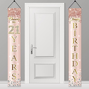 21st Birthday Door Banner Decorations for Her, Pink Rose Gold Happy 21 Birthday Door Porch Backdrop Party Supplies, Happy Birthday Cheers to 21 Years Sign Decor