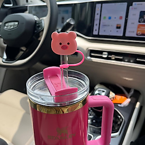 Amreich Cute Pig Straw Cover Cap for Stanley Cup, 4 PCs Pink Straw Toppers Dust-proof Silicone Straw Cover for Water Bottle 30 40 Oz Tumblers Accessories for Home Office Use