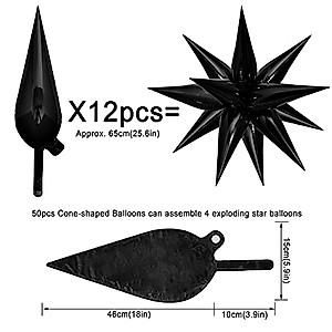 50pcs Black Star Balloons Mylar, Black Spike Explosion Star Foil Balloons Metallic, Black Starburst Cone Point Star Balloons for New Year Eve, Halloween, Graduation, Birthaday, Wedding Decorations