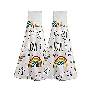 Kitchen Hanging Hand Towels Love is Love Pride Month Bathroom Soft Hanging Tie Towel with Loop Super Absorbent Machine Washable,2 Pack