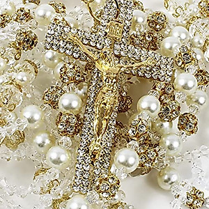 Cana Collection Wedding Lasso Rosary Lazo de Bodas Handcrafted Lasso, Great Wedding Gift Beautiful Christian Catholic Wedding Tradition for Brides and Grooms,Pearl Beads and Crystals Gold