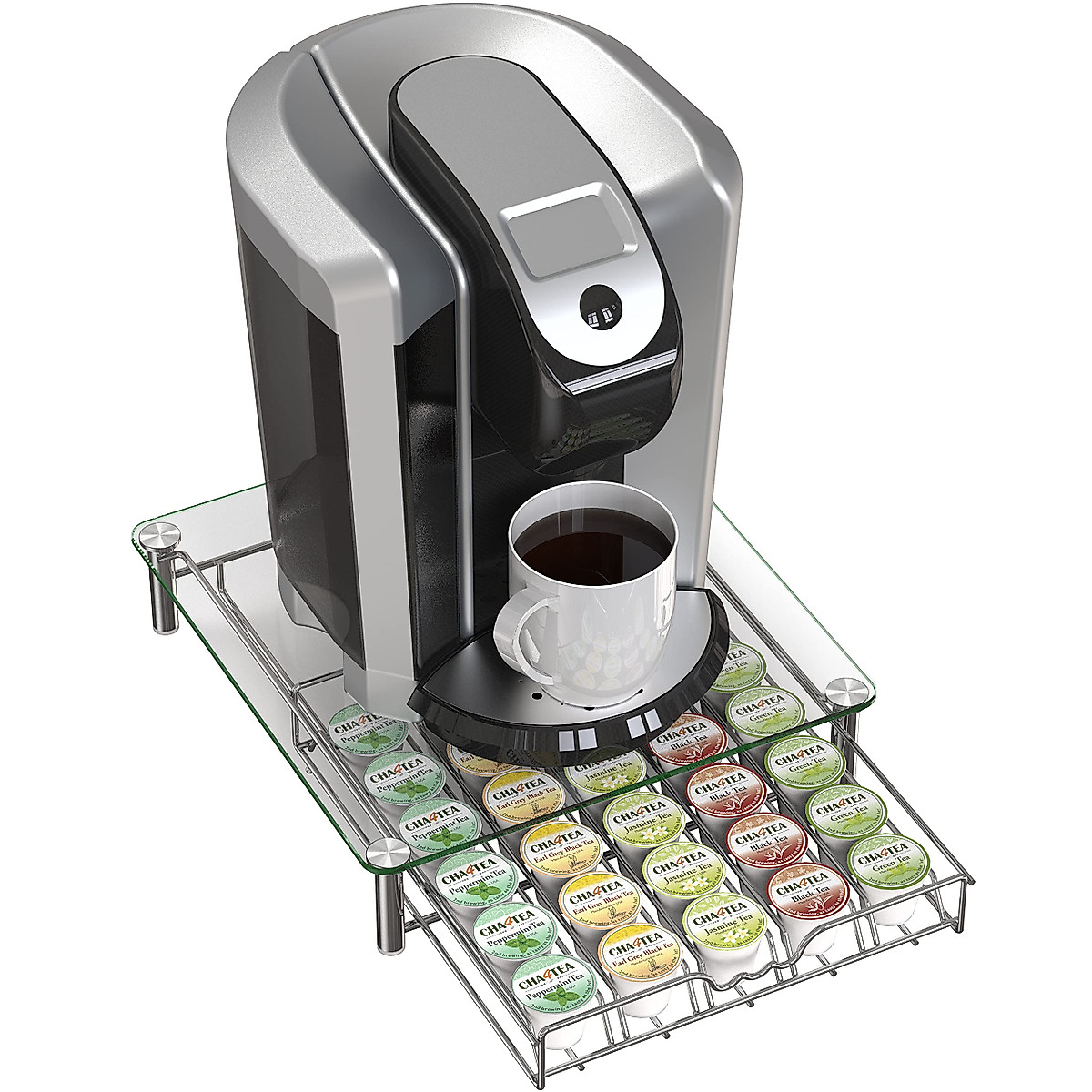 Deco Brothers Crystal Tempered Glass K-Cup Holder Drawer for 30 Coffee Pods Storage, Chrome