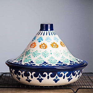 Large Ceramic Tagine Pot 1.2 QT Hand Made Moroccan Tagine with Cone Shaped Lid 10” Base x 7.3” Tall for Cooking and Stew Casserole Slow Cooker
