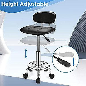 HMTOT Square Rolling Stools with Backrest Height Adjustable Swivel Stool with Wheels Black