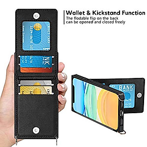Vofolen for iPhone 11 Case Wallet Card Holder Leather PU Flip Cover Folio Lanyard Crossbody Strap Women Girl Magnetic Clasp Kickstand Square Heavy Duty Protective Bumper Armor for iPhone 11 Black