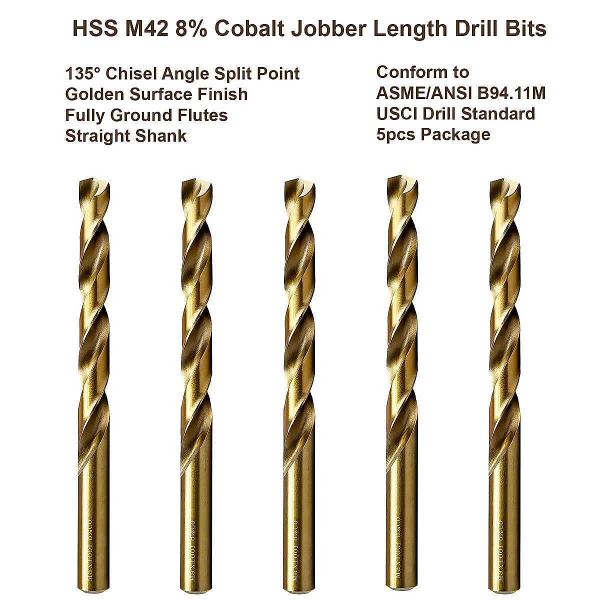MAXTOOL 15/64" 5pcs Identical Jobber Length Drills HSS M42 Twist Drill Bits 8% Cobalt Fully Ground Golden Straight Shank Drills; JBF42G10R15P5