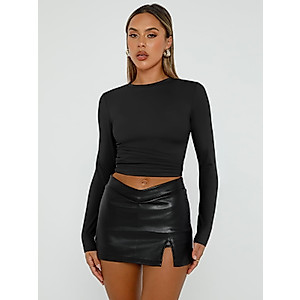 Trendy Queen Womens Long Sleeve Crop Tops Basic Spring Shirts Tees Tight Slim Fit Cute Going Out Outfits Teen Girls Fall Winter Y2k Clothing 2024 Black