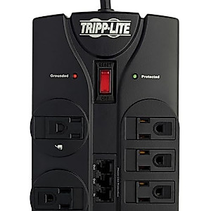 Tripp Lite 12 Outlet Surge Protector Power Strip, 8ft Cord, Right-Angle Plug, Tel/Modem Protection, RJ11, $150,000 Insurance (TLP1208TEL), Black