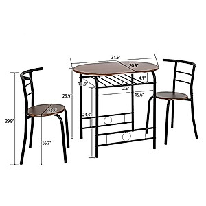VINGLI 3 Piece Dining Set,Small Kitchen Table Set for 2,Breakfast Table Set for 2,Kitchen Wooden Table and 2 Chairs for Small Space/Dining Room/Apartment,Metal Frame,Wine Rack,Black&Walnut