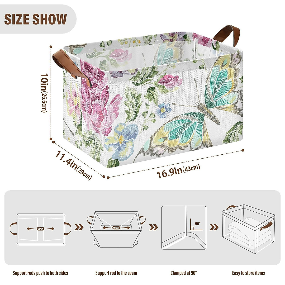 susiyo 2 Pcs Storage Bins Pink Flower and Butterflies Fabric Storage Baskets with Handles for Shelves Closet Dorm