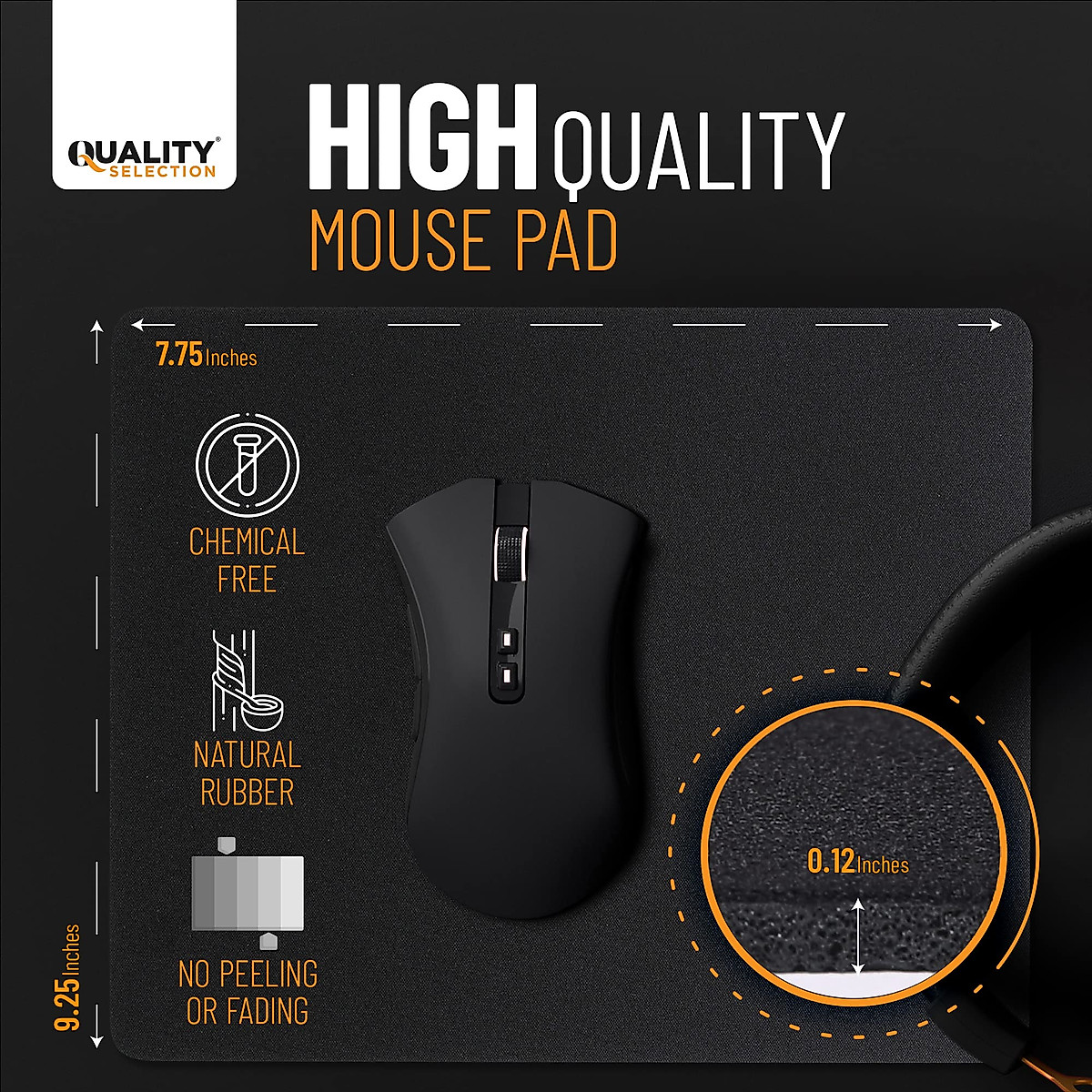 Quality Selection Mouse Pad Superb for Computer & Laptop, Non-Slip Rubber Base Mousepad, Mouse Pads for Home, Office & Gaming 7.75 x 9.25 in, Black