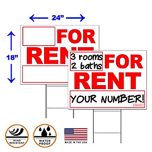 VIBE INK for Rent Yard Signs Double Sided Prints on 24" x 18" Corrugated Plastic Lawn Sign + Heavy Duty H-Stakes Wire Stand (8 Pack)
