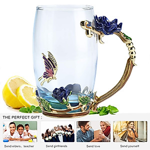 Butterfly Flower Glass Tea Cup, Handmade Enamels Rose Coffee Mugs with Spoon, Personalized Unique Gift for Women Mom Grandma Wife Friends Teacher Birthday Mothers Valentines Day Graduation(Blue-Tall)