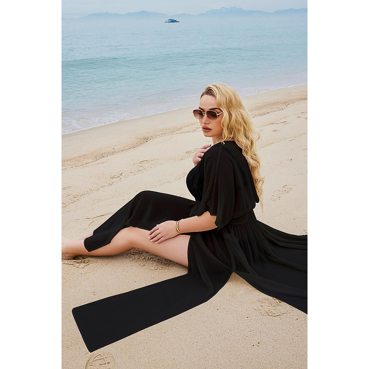 IN'VOLAND Womens Plus Size Swimsuit Cover Up Deep V Neck Bathing Suit Swimwear Bikini Coverup Long Split Kaftan Kimono Dress, 18 Plus, Stylish Black
