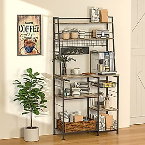 Kitchen Baker’s Rack with Storage Coffee Bar Station, 68inch Microwave Oven Stand with Pull-out Wire Basket 12 Hooks,5 Tier Storage Shelf with Mesh Panels for Utensils, Pots, Pans, Spices
