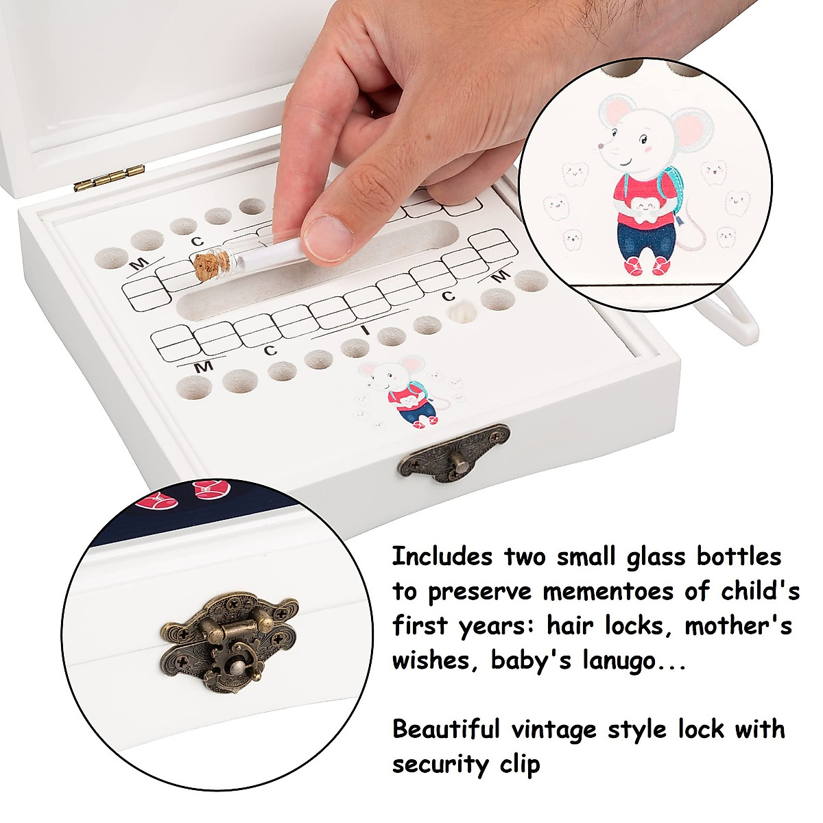 Dravira Baby Keepsake Tooth Box - Lost Teeth Holder Boy and Girl - Tooth Fairy Organizer - Gift for Parents and Kids - White Wood