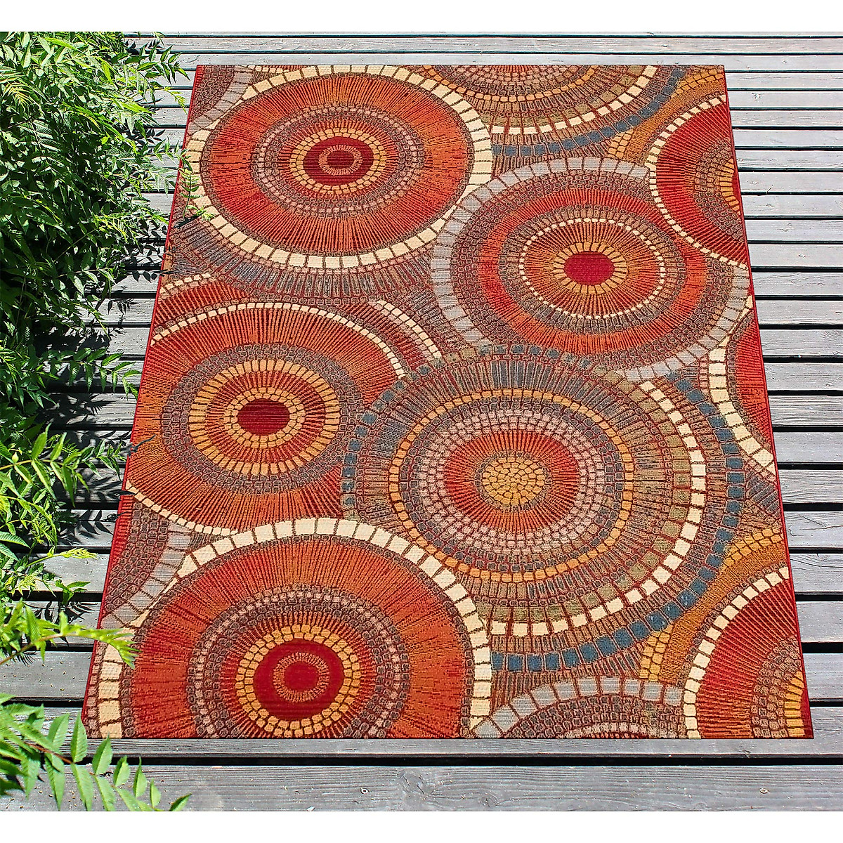 Liora Manne Marina Low Profile Durable Indoor/Outdoor Woven Rug- Circles Saffron 6'6" x 9'4"