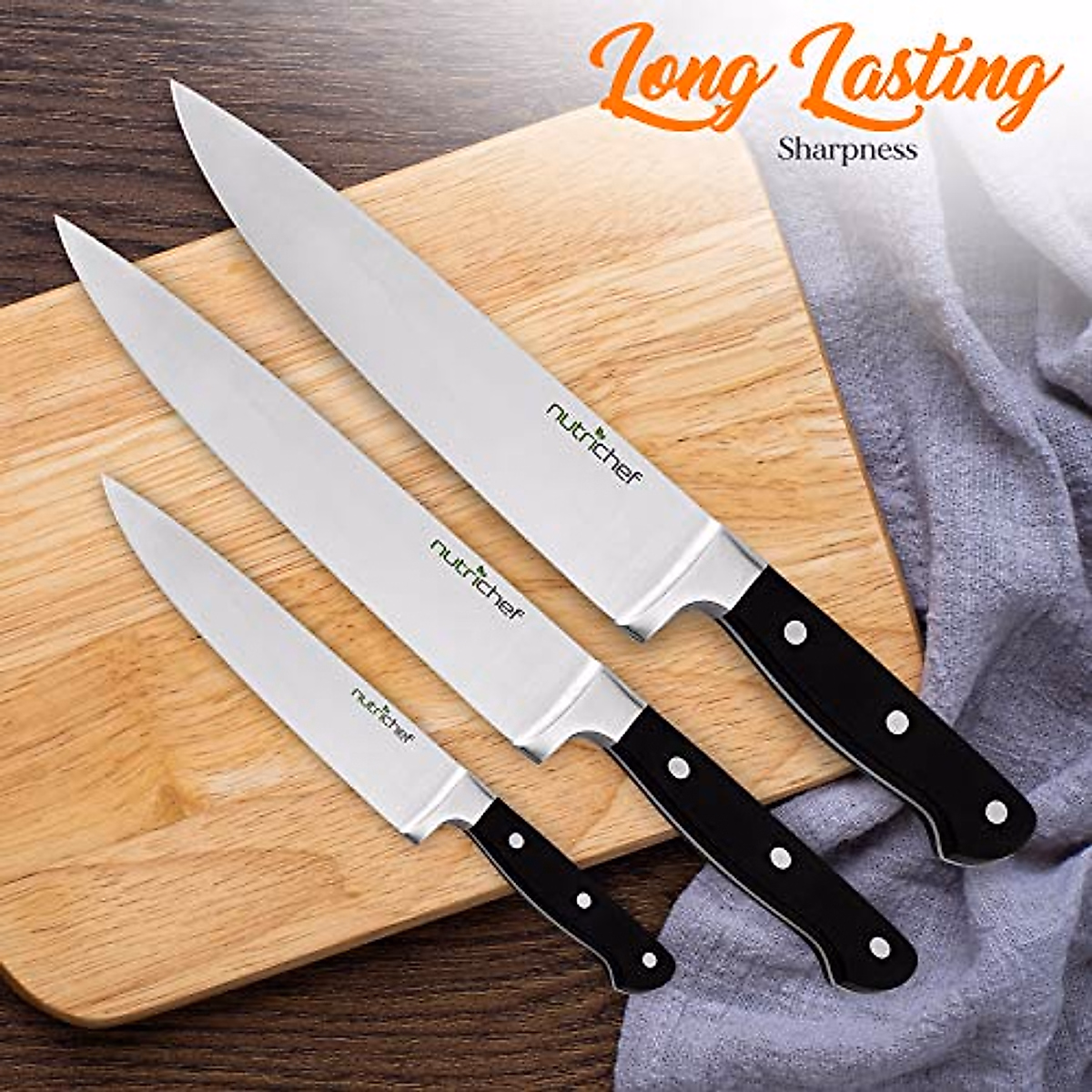 NutriChef 13 Piece Kitchen Knife Set - German Stainless Steel Kitchen Precision Knives Set w/ 6 Steak Knives & Bonus Scissors, Wooden Block Stand w/ Sharpener - Slicing, Chopping, Dicing - NCKNS13