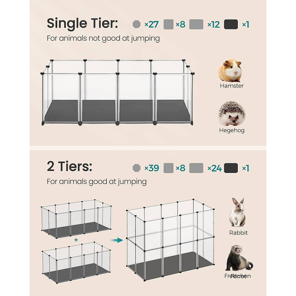 SONGMICS 20 Panels Guinea Pig Playpen,Removable Oxford Fabric Mat,Small Animal Pen, Pet Fence Indoor,DIY Plastic Enclosure for Hamsters, Rabbits, Hedgehogs, 49.2 x 24.8 x 16.5 Inches, White ULPC009W01