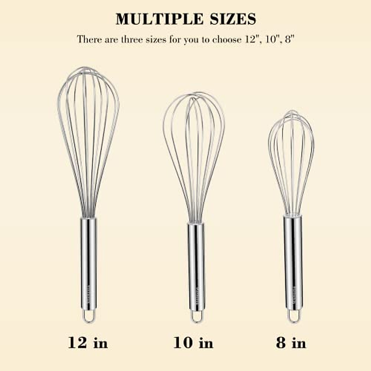 NileHome Stainless Steel Whisk Set 8" 10" 12" Kitchen Whisk Balloon Whisk Kitchen Wisk Wire Whisks for Cooking, Whisking, Blending, Beating, Stirring-3 Pack…