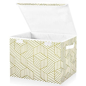 Oyihfvs Gold Abstract Geometric Cubes Foldable Cube Storage Basket Collapsible Fabric with Lidded Sturdy Handles Organizer Box for Home Bedroom 16.5 x 12.6 x 11.8 in