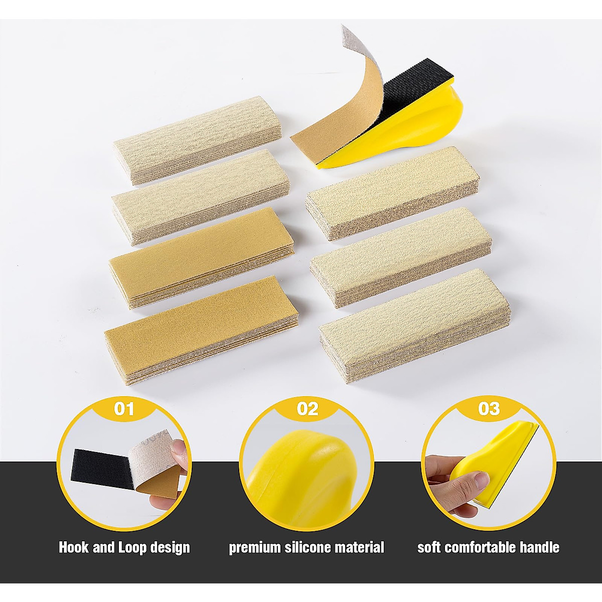 S SATC Micro Hand Sanding Block Kit 3.5”x1.1”x1.8”Hand Sanding Block and 70 PCS Sandpaper Sheets 10 Each 80/120/150/180/220/240/400 Grit Wood Woodworking, Small Detail Finishing Sander