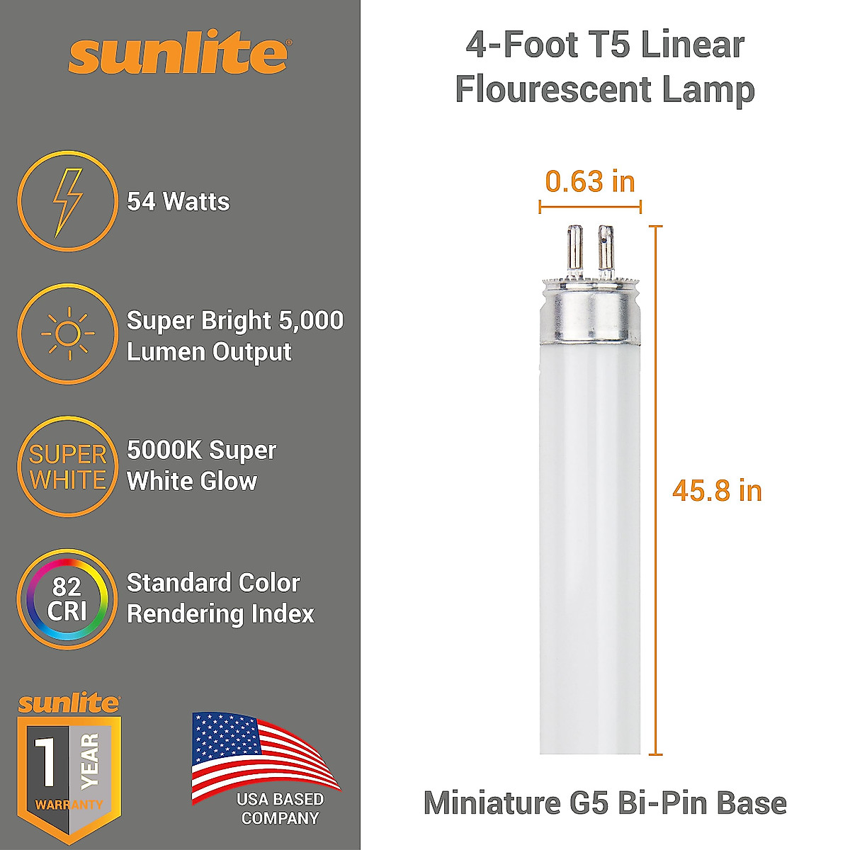 Sunlite F54T5/850/HO 4 Foot T5 Linear Fluorescent Lamp, 54 Watts, 5000 Lumens, 5000K Daylight, Miniature G5 Bi-Pin Base, ROHS Compliant, High Performance Straight Tube, 40 Pack