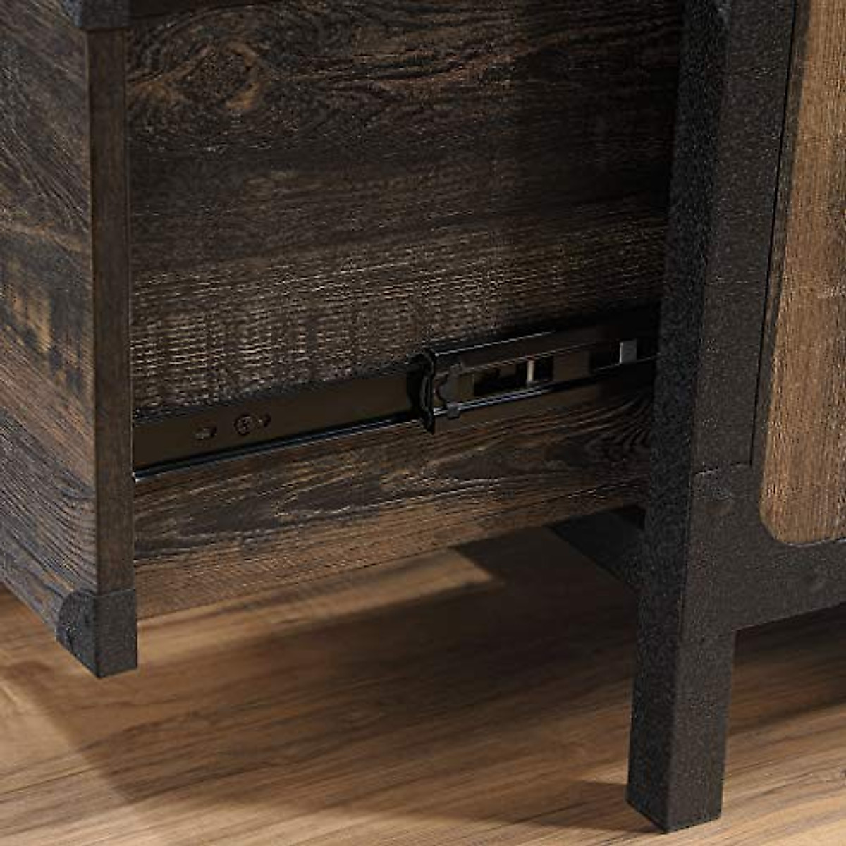 Sauder Steel River L-Shaped Desk, L: 59.84" x W: 57.32" x H: 29.53", Carbon Oak Finish