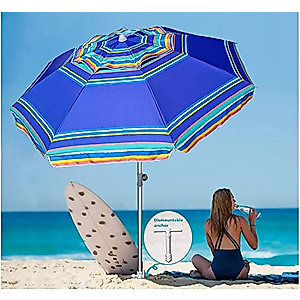 AMMSUN 7ft Heavy Duty High Wind Beach Umbrella Parasols with sand anchor & Tilt Sun Shelter, UV 50+ Protection Outdoor Sunshade Umbrella with Carry Bag for Patio Garden Beach Pool Backyard Stripe Blue