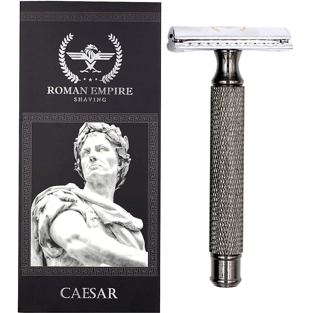Caesar Gun Metal Safety Razor by Roman Empire Shaving with Set of 20 Shaving Blades (Astra-Derby-Shark-Treet)