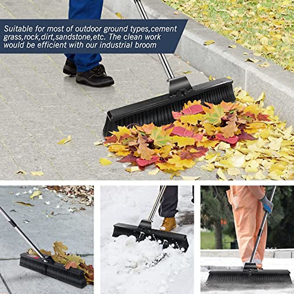 HEVOL Push Broom, 24" Wide Floor Scrub Brush with Stiff Bristles and 57” Long Stainless Steel Handle, Garage Heavy Duty Broom Outdoor Push Broom for Bathroom Kitchen Yard Patio Deck, Black