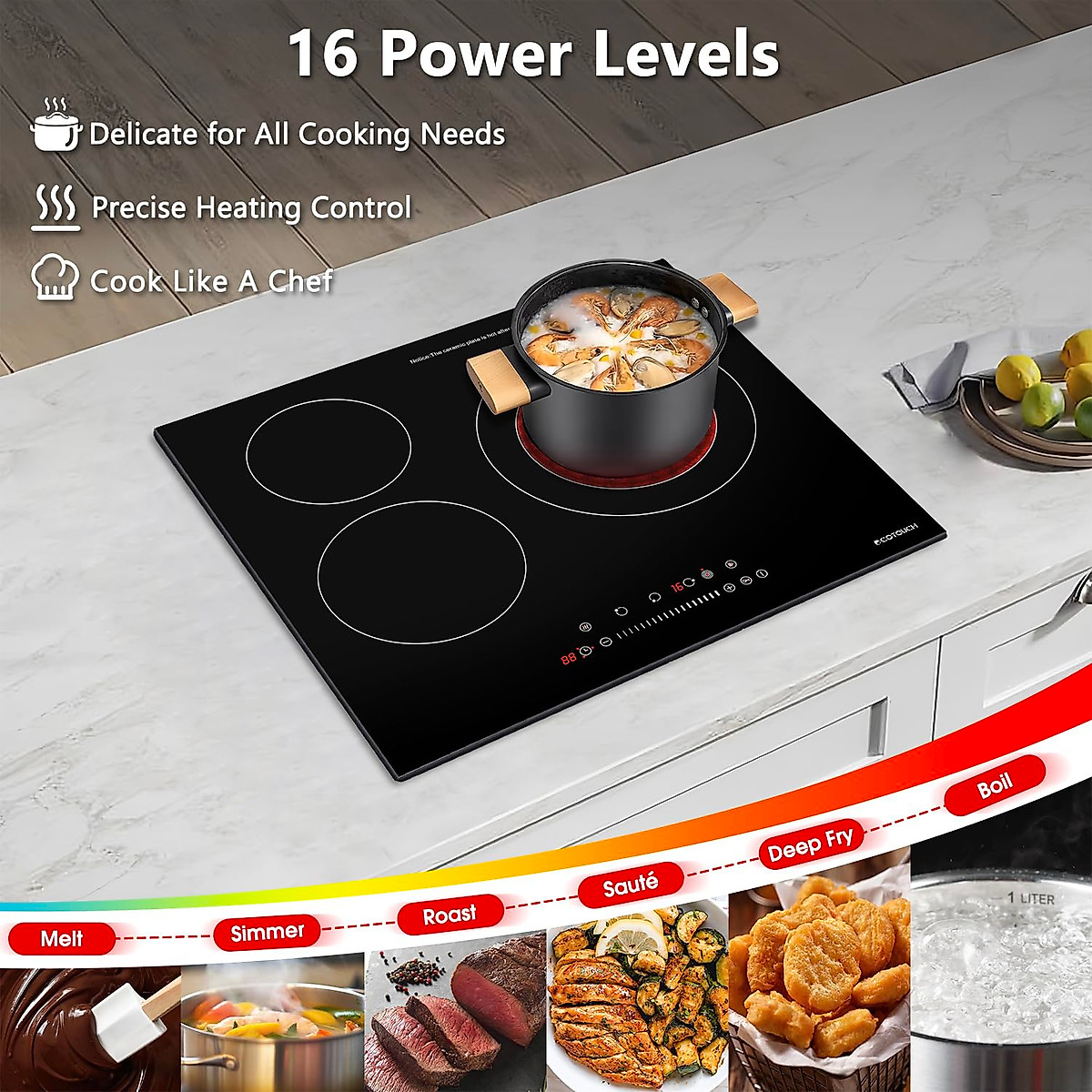 Electric Cooktop 24 Inch, ECOTOUCH Built-in Electric Stove Top 3 Burner Cooktops, ETL & FCC Certificated Glass Radiant Electric Stovetop 6600W, Upgraded 16 Power Levels, 220-240V for Hard Wire