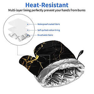 Black Gold Marble Oven Mitts Waterproof Non Slip Heat Resistant Kitchen Gloves for Baking Cooking Grilling BBQ