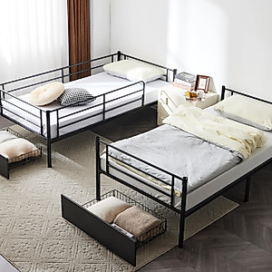 Karl home Black Bunk Bed Twin Over Twin with 2 Storage Drawers, Metal Bunk Bed with Built-in Ladder and Safety Guardrail, Space-Saving Twin Bunk Beds for Kids, Teens & Adults, No Box Spring Needed