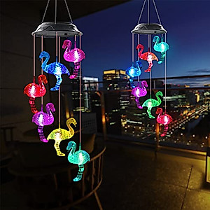 WANQDG Flamingo Solar Wind Chimes for Outside, Waterproof LED Solar Powered Memorial with Lights, Housewarming Gifts for Garden Outdoor Patio Yard Lawn Decor