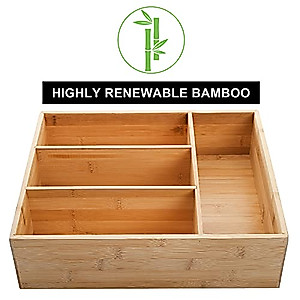 DEAYOU Bamboo Organizer Bin, 100% Bamboo Divided Storage Box, 4-Compartments Cutlery Tray Desktop Holder for Kitchen, Coffee Sugar Tea Bags, Seasoning Spice Packet Pouch, Food, Snack, Shelf, Open Top