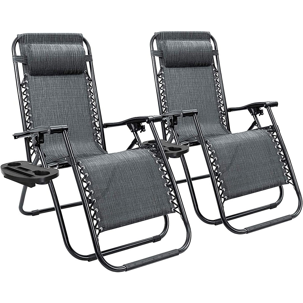Deconi Set of 2 Adjustable Steel Mesh Zero Gravity Lounge Chair Recliners w/Pillows and Cup Holder Trays,Gray