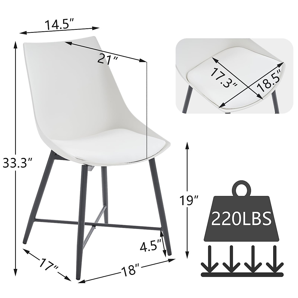 ANOUR Modern Dining Chairs Set of 2,Plastic Kitchen Chairs with PU Leather Cushions and Sturdy Metal Legs, Upholstered Armless Side Chair for Dining Room, Kitchen,Living Room-White