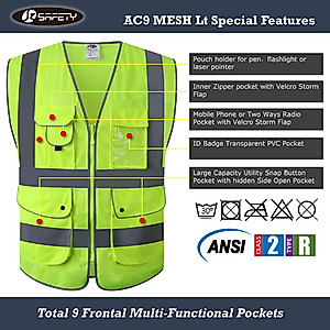 JKSafety 9 Pockets Class 2 High Visibility Zipper Front FAA Drone Pilot Safety Vest With Reflective Strips,HQ Breathable Mesh,Meets ANSI/ISEA Standards(210-Drone-Yellow XL)
