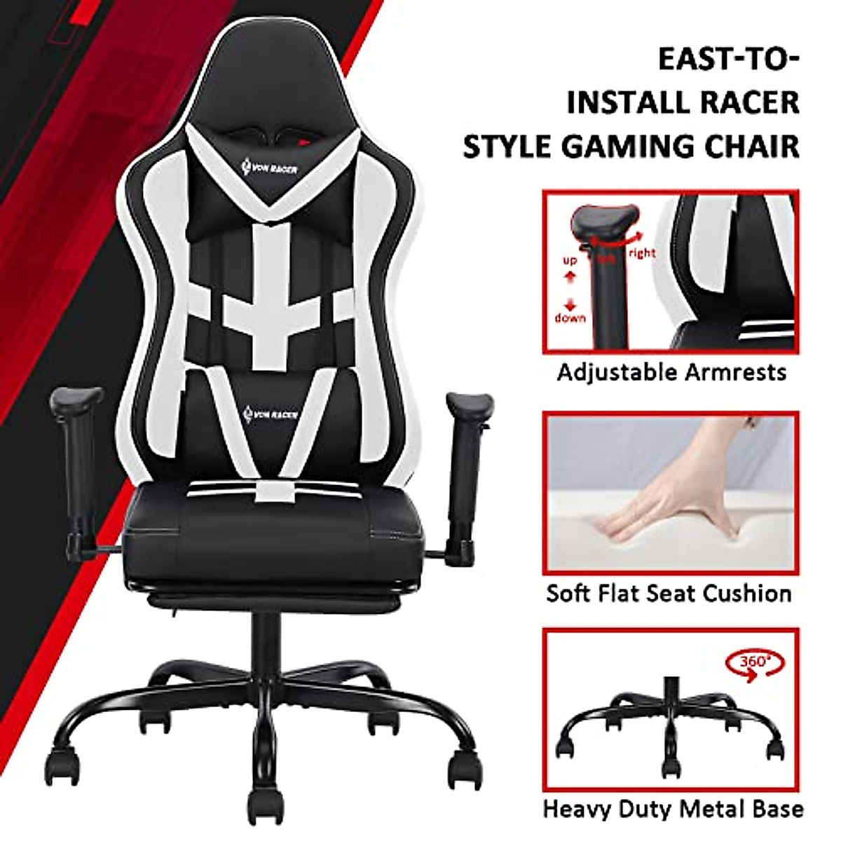 Gaming Chair Massage with Footrest Gamer Chair Ergonomic Gaming Chair for Adults Video Game Chair with Headrest and Massage Lumbar Support Gaming Chair Adjustable Swivel
