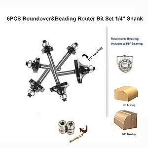 Sinoprotools 6pcs Roundover Router Bits Set 1/4 Shank, with 6 Bearings 3/8" Corner Round Over Router Bits, Carbide Roundover Bits for Rounding Edge Forming (Radius 1/16" 1/8" 3/16" 1/4" 3/8" 1/2")