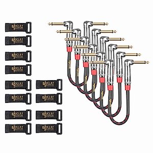 Clef Audio Labs Guitar Patch Cable, 6 inch - 1/4 inch TS Right Angled Guitar Pedal Effects Instrument Cord, 22AWG, Chrome Zinc Alloy Shell, Red Braided Jacket - 6-Pack