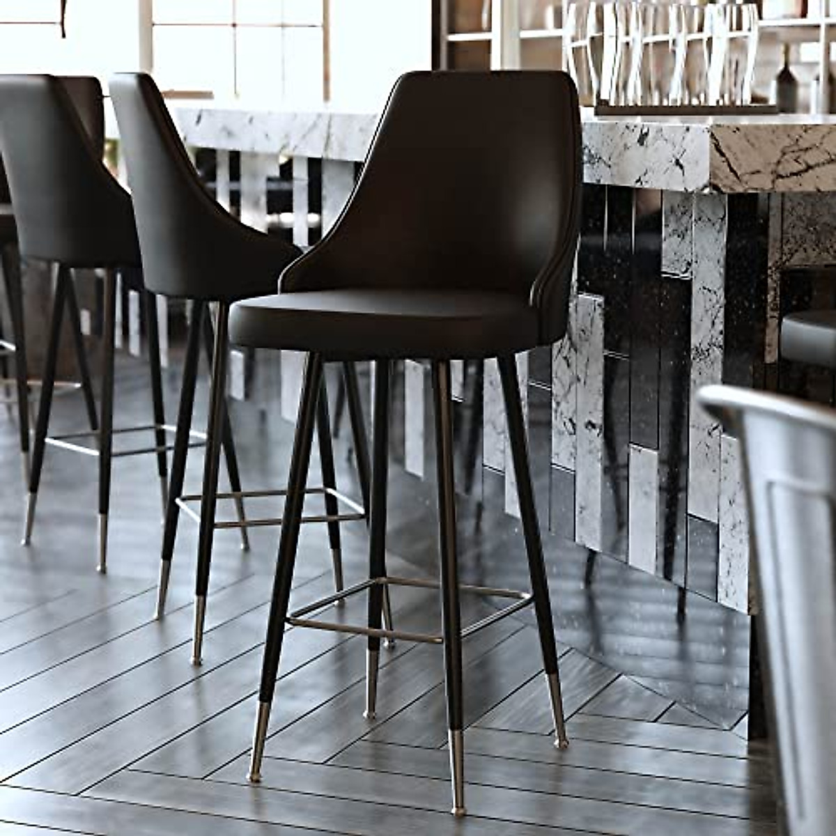Flash Furniture Shelly Set of 2 Commercial Bar Height Bar Stools - Black LeatherSoft Upholstery - Black Metal Frames - 30" High - Chrome Feet and Footrests