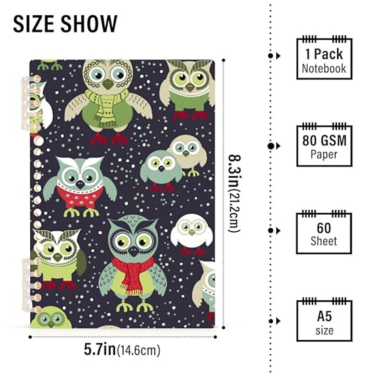 SPRIPORT Christmas Night Owls Spiral Journal Notebook for Women Men A5 Memo Notepad Sketchbook with Durable Hardcover & 60 Pages Diary Spiral Book for Journaling Boys Grils Study Notes Work School