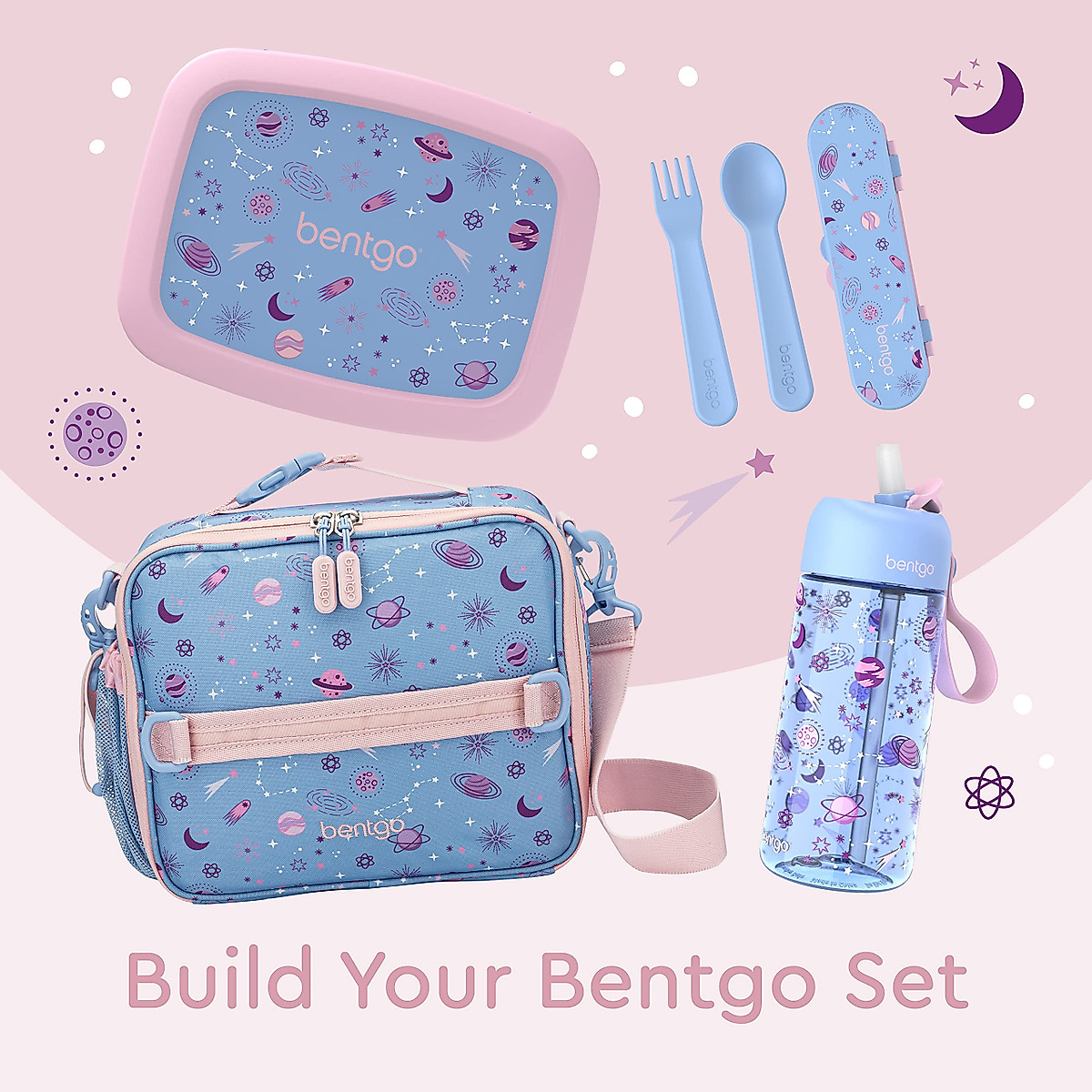 Bentgo® Kids Prints 5-Compartment Bento-Style Kids Lunch Box Set with Reusable Plastic Utensils (Lavender Galaxy)